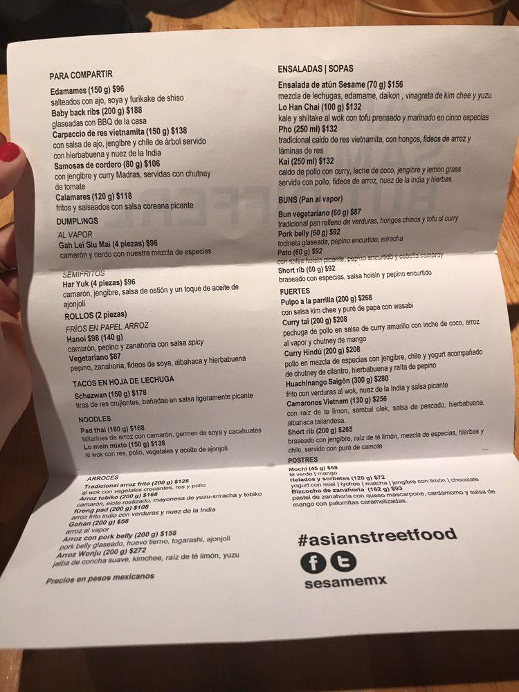 Menu at Sesame restaurant, Ciudad López Mateos