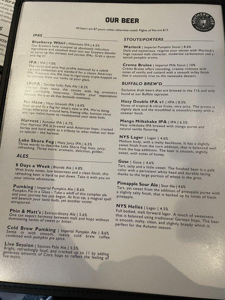 Menu at Southern Tier Brewery Buffalo restaurant, Buffalo