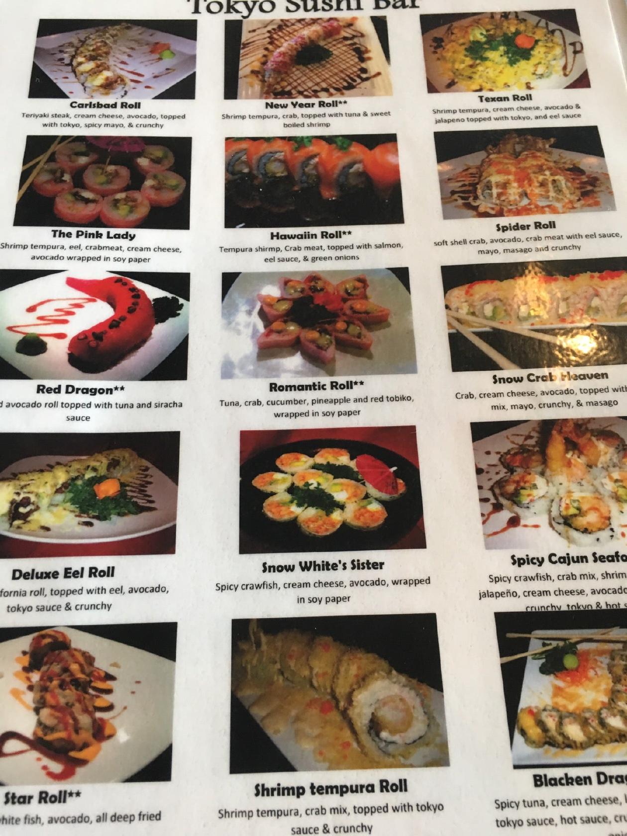 Menu at Tokyo restaurant, Carlsbad
