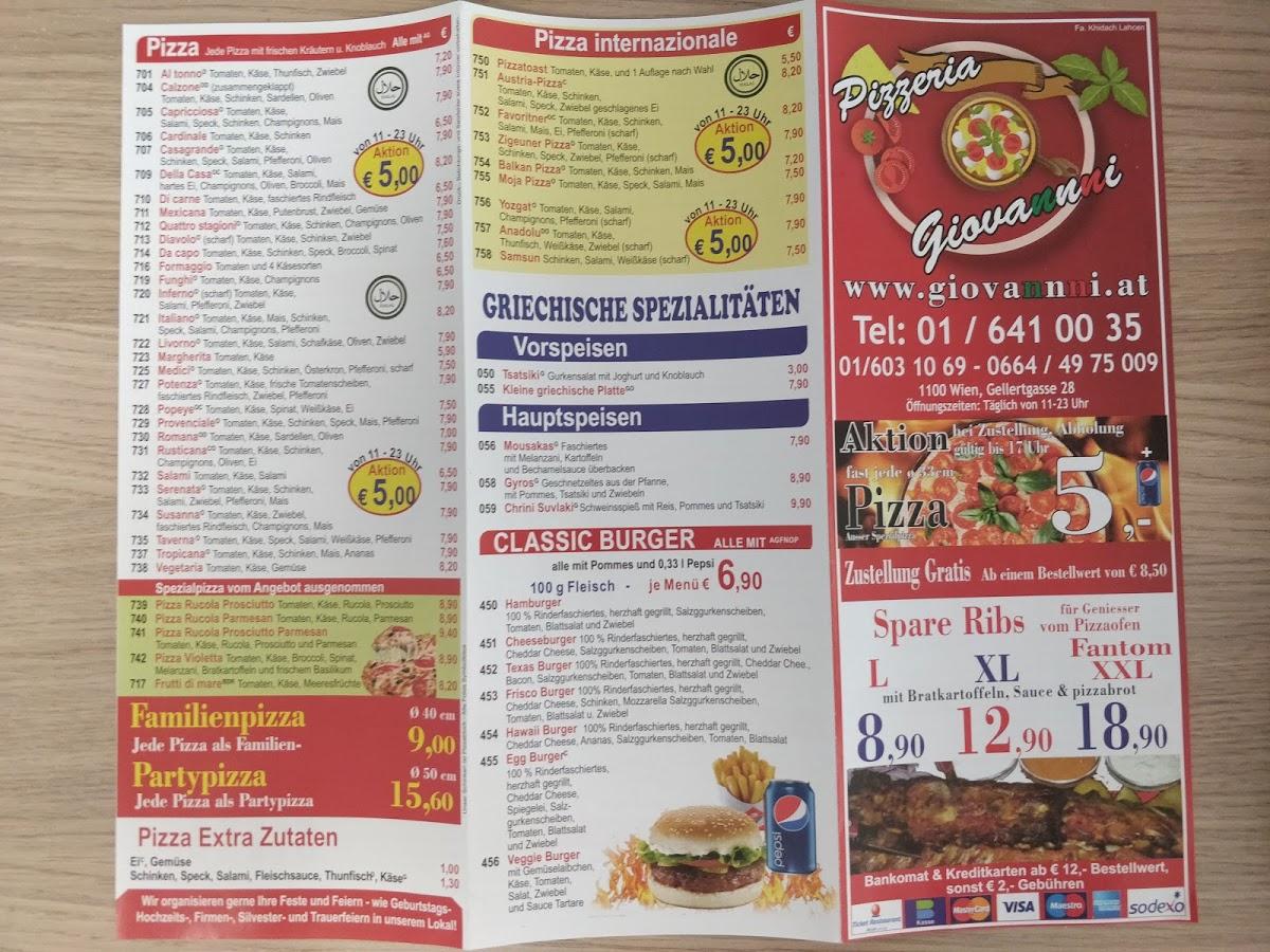 Menu at Pizzeria Giovanni, Vienna, Gellertgasse 28