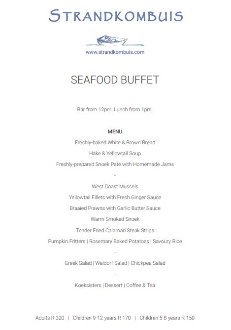 Menu at Strandkombuis restaurant, Yzerfontein