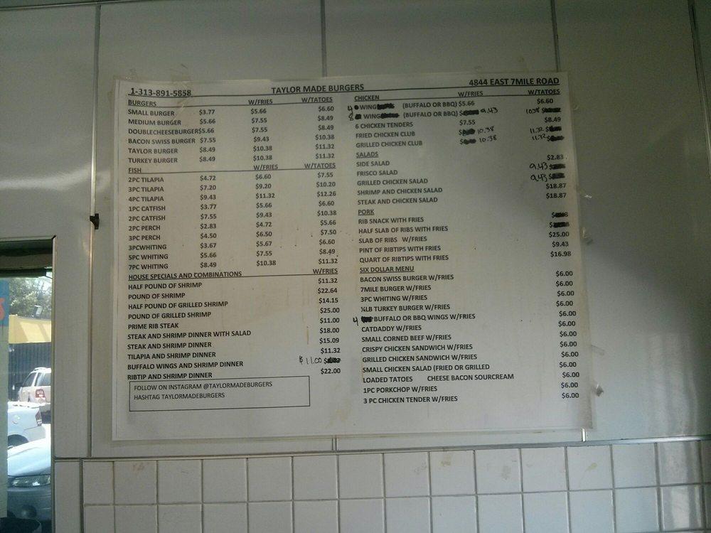 Menu at Taylor Made Burgers restaurant, Detroit, Seven Mile E