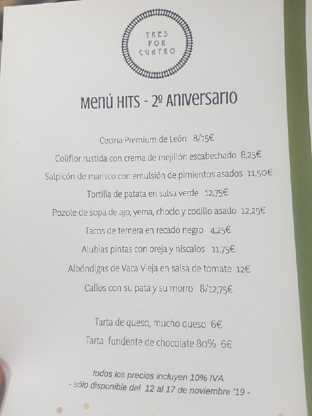Carta del restaurante Tres por Cuatro, Madrid, C. del Montesa