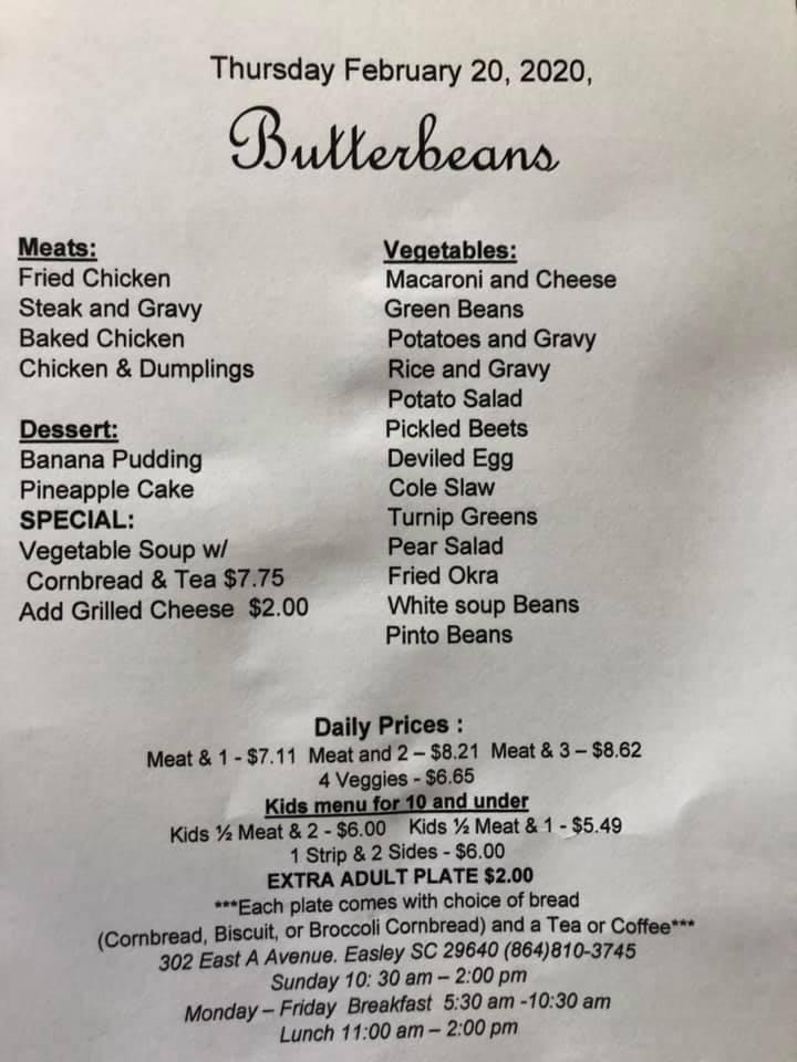 Menu at Butterbeans Restaurant, Easley