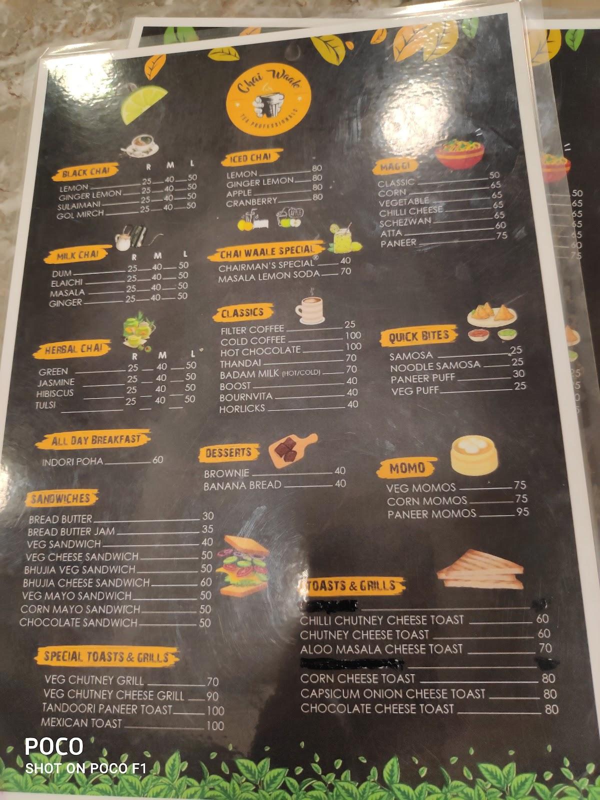 Menu at Chai Waale Chintamani, Chennai