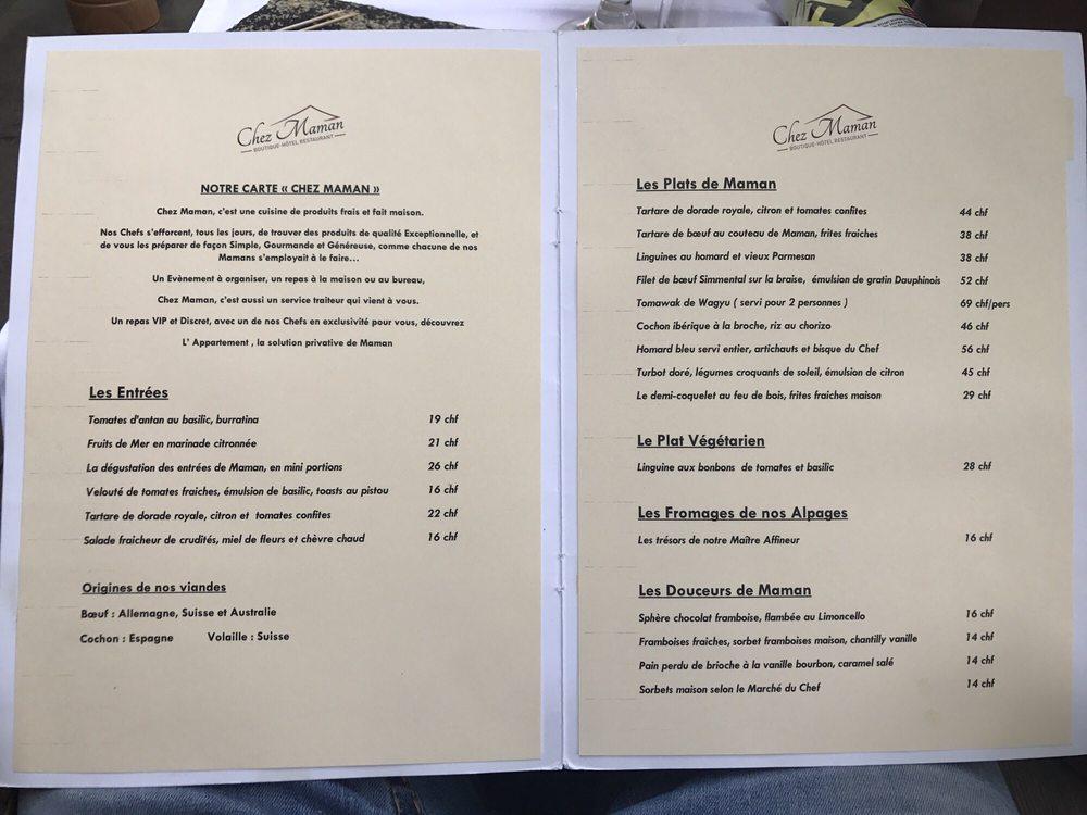 Menu at Chez Maman, Geneva