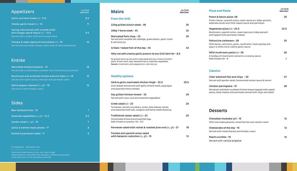 Menu at Fitzgeralds restaurant, Geraldton