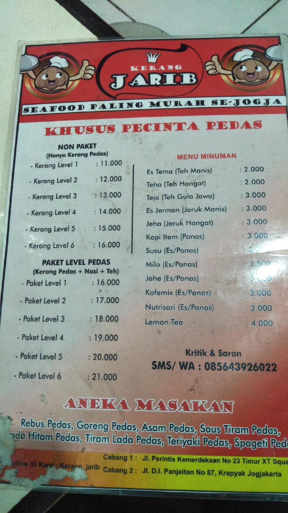 Carta del restaurante Kerang Jarib dan Ayam Tulang Lunak, Yogyakarta