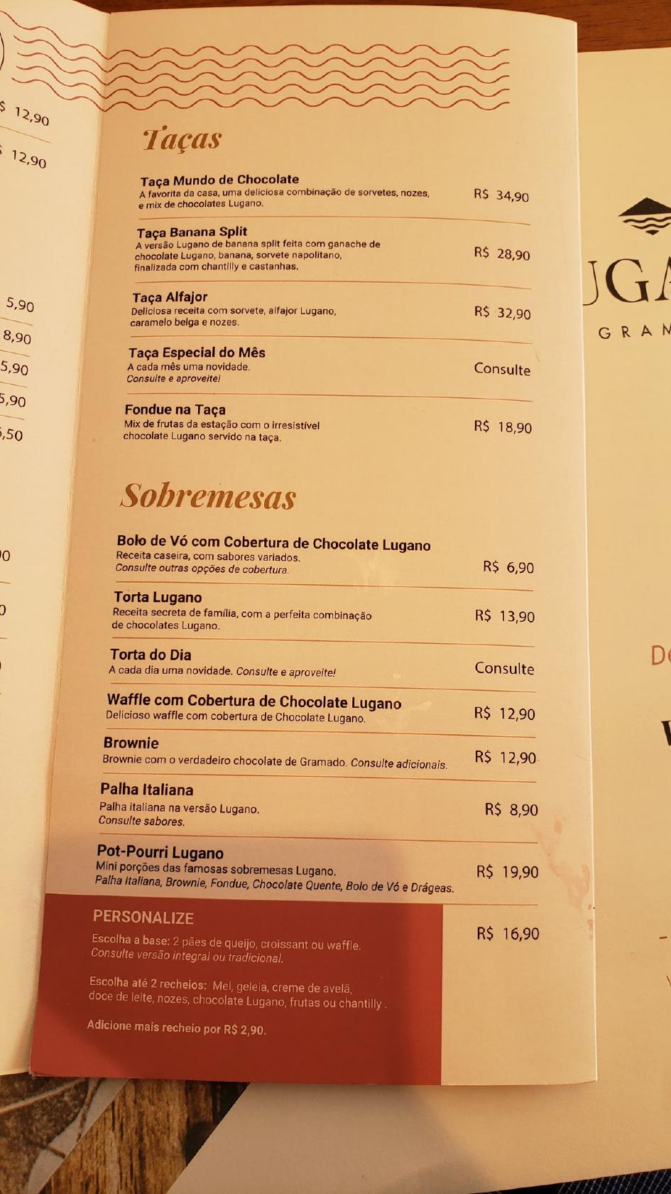 Menu at Lugano Gramado, São Luís