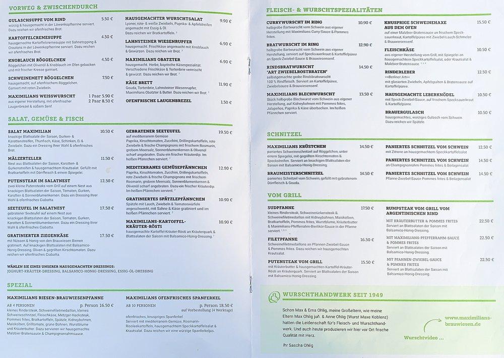 Menu at Maximilians Brauwiesen restaurant, Lahnstein