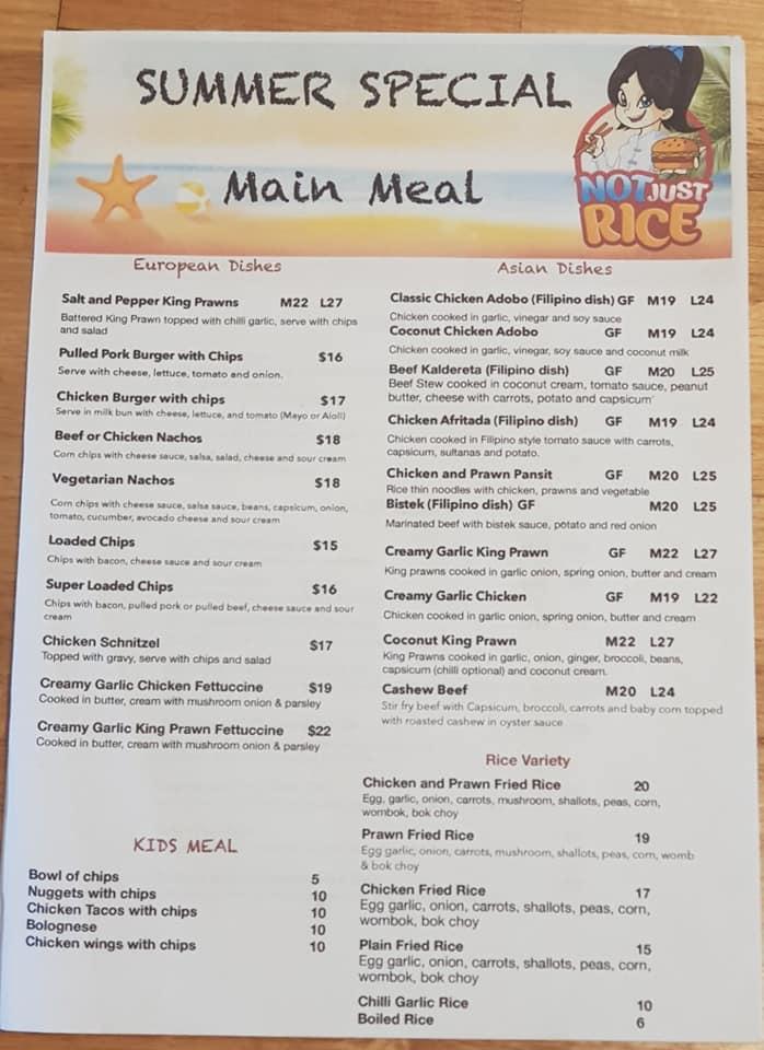 Menu at Not Just Rice restaurant, Batemans Bay