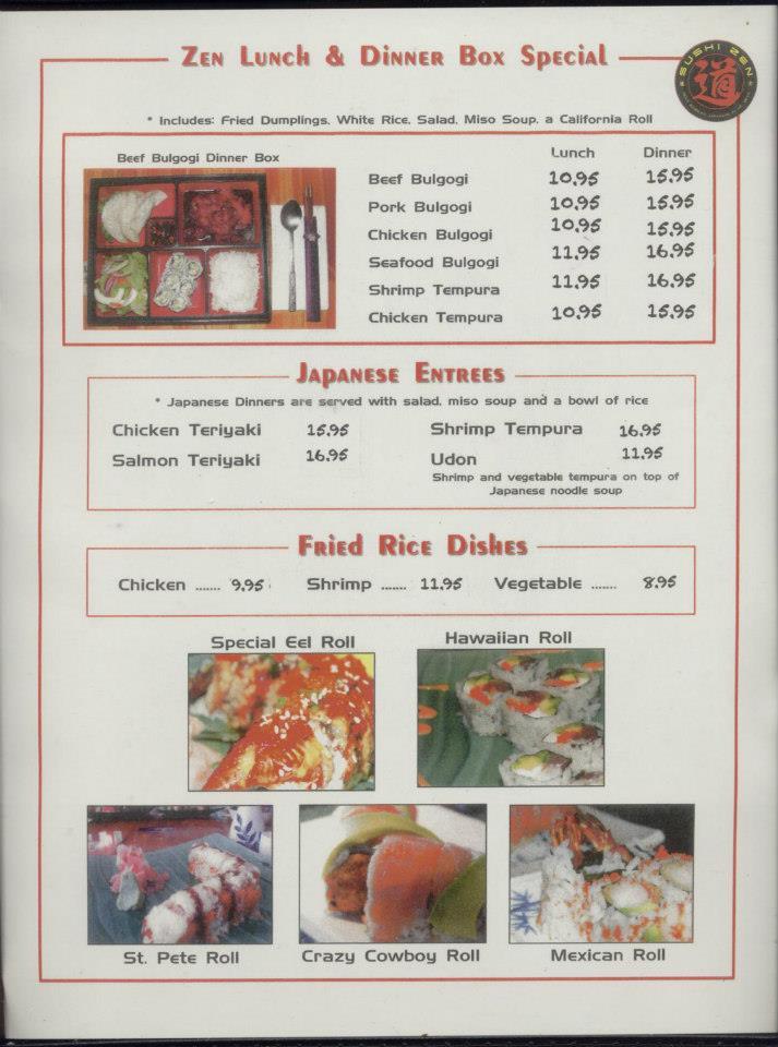 Menu at Sushi Zen restaurant, Saint Petersburg