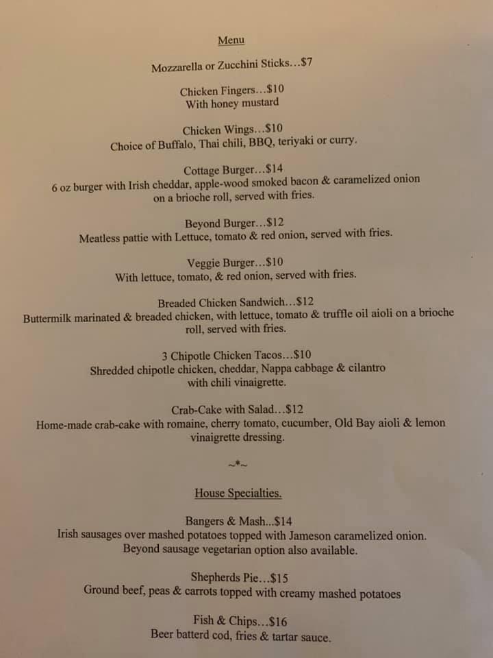 Menu at The Cottage Bar, Teaneck