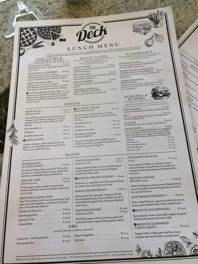 Menu at The Deck Restaurant, Pretoria