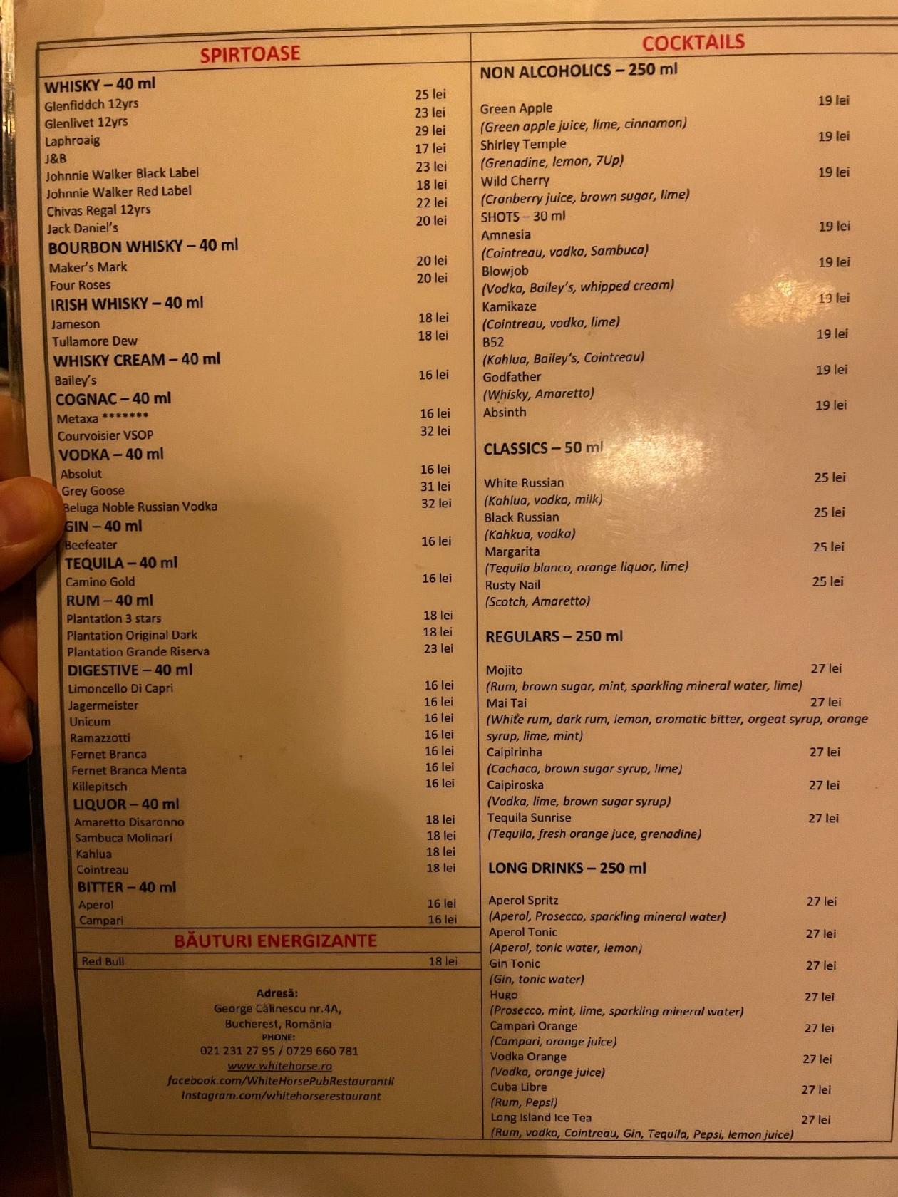 Menu at White Horse, Bucharest, Strada George Călinescu 4 A