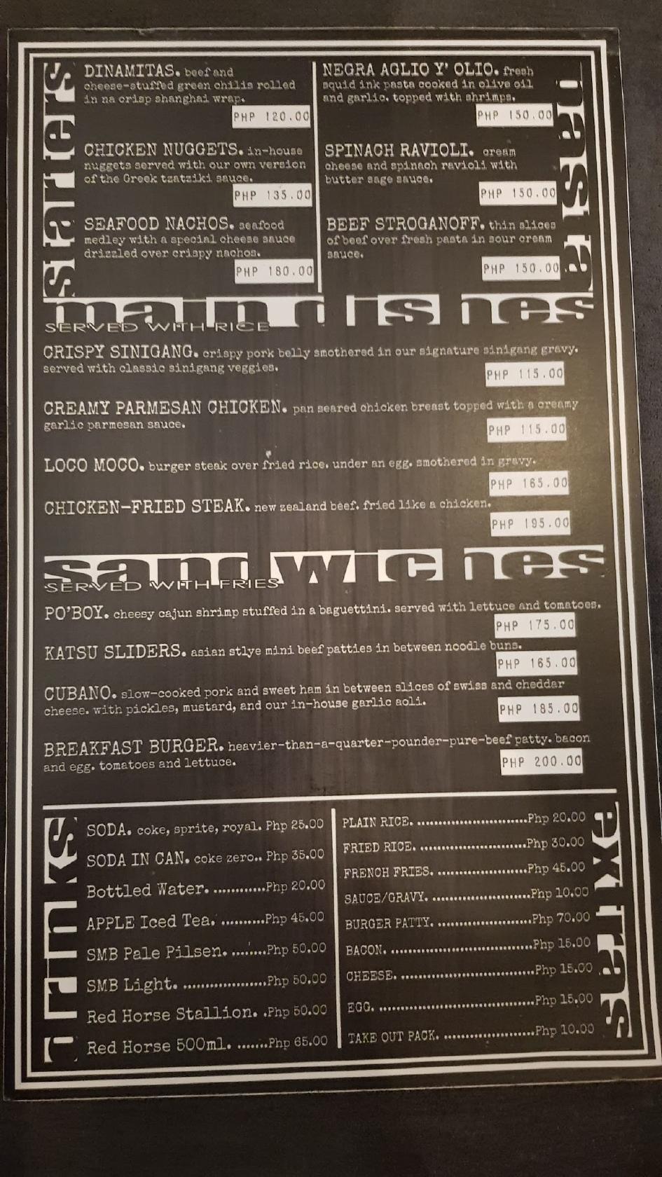 Menu at Zero One Two restaurant, Iloilo City