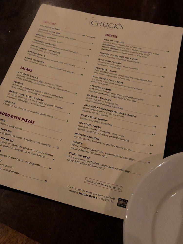Menu at Chuck's Fish restaurant, Tuscaloosa