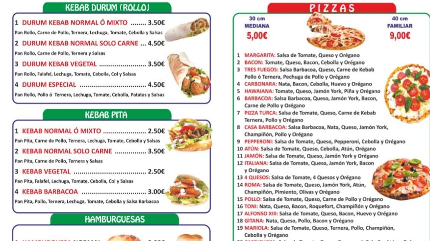 Menu at Europa pizzeria doner kebab, Elda