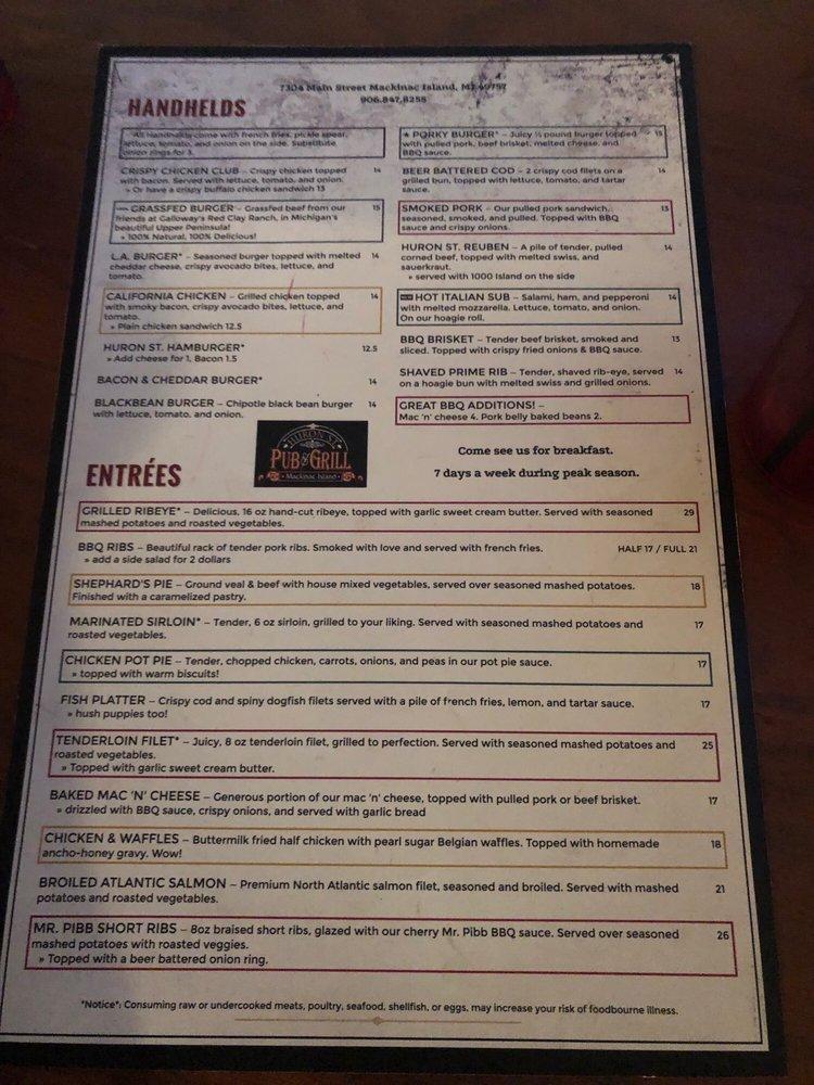 Menu at Huron Street Pub & Grill, Mackinac Island