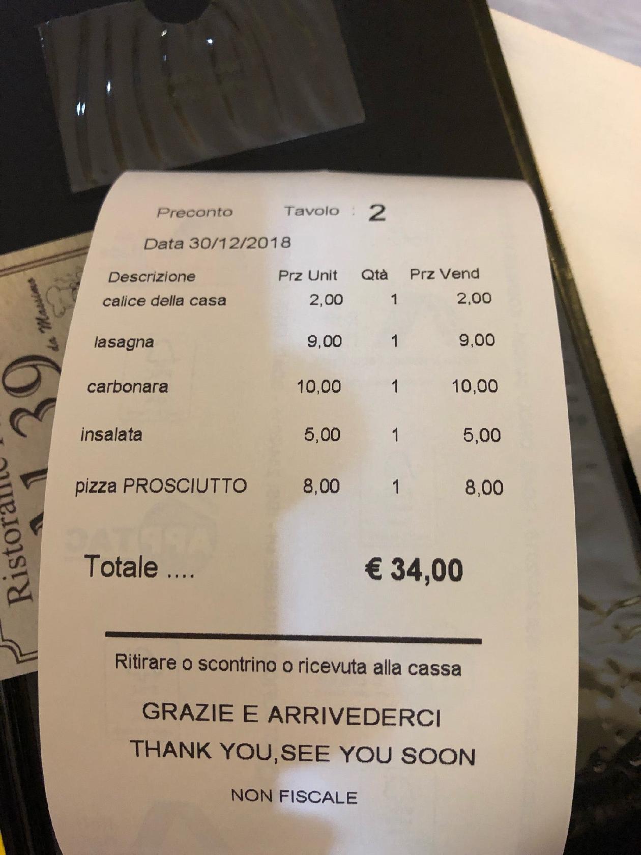 Menu da Ristorante Pinseria Al 39 da Massimo, Roma, Via Palestro