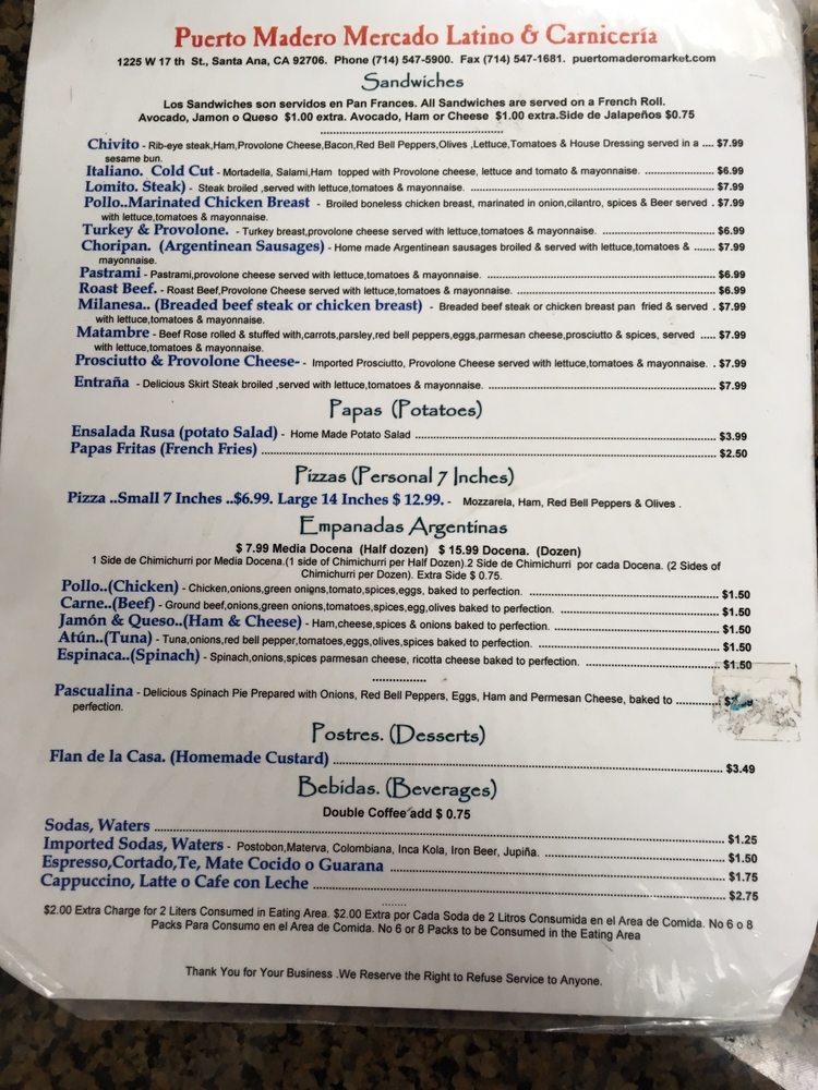 Menu at Puerto Madero restaurant, Santa Ana, W 17th St