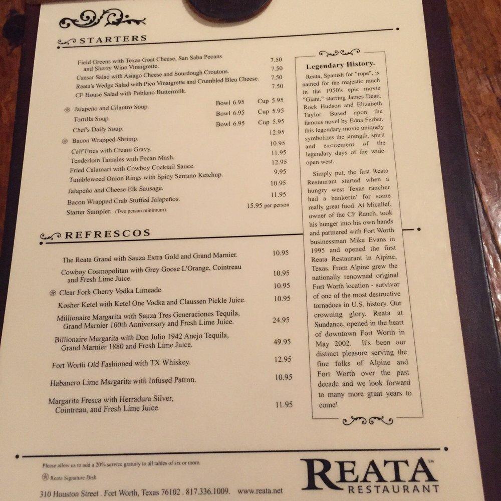 Menu at Reata Restaurant, Fort Worth, 310 Houston St