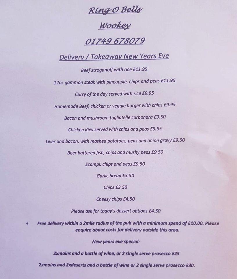 Menu at Ring O' Bells Wookey pub & bar, Wells