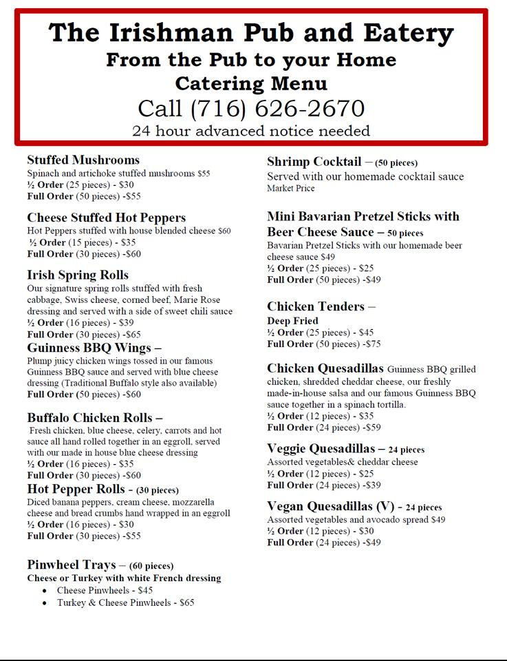 Menu at The Irishman Pub and Eatery, Williamsville