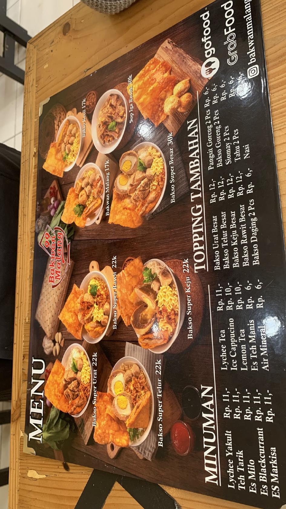 Menu at Bakwan malang 99 Taman Kota restaurant, West Jakarta