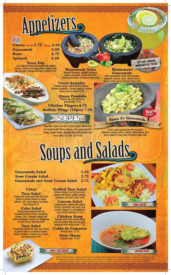 Menu at Cinco Mexican Grill and Bar, Bluffton