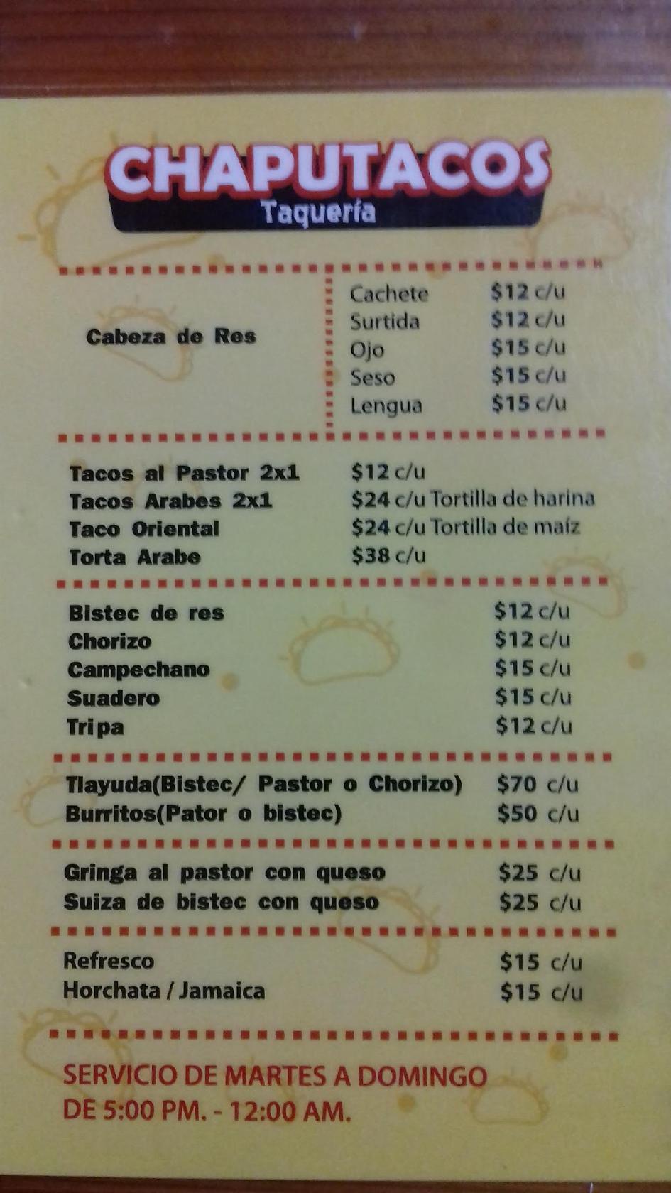 Menu at EL TORITO II restaurant, Tuxtla Gutiérrez