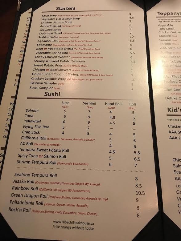 Menu at Hibachi Teppanyaki Restaurant, Burlington