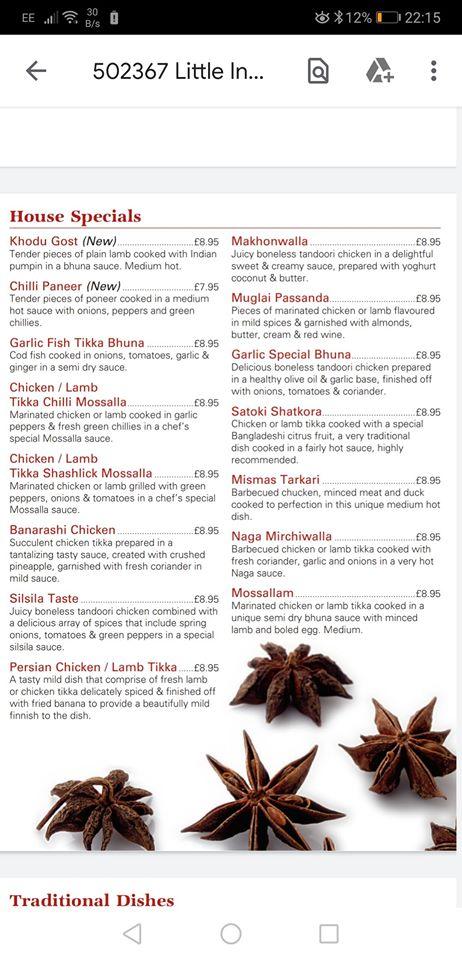 Menu at Little India restaurant, Northampton