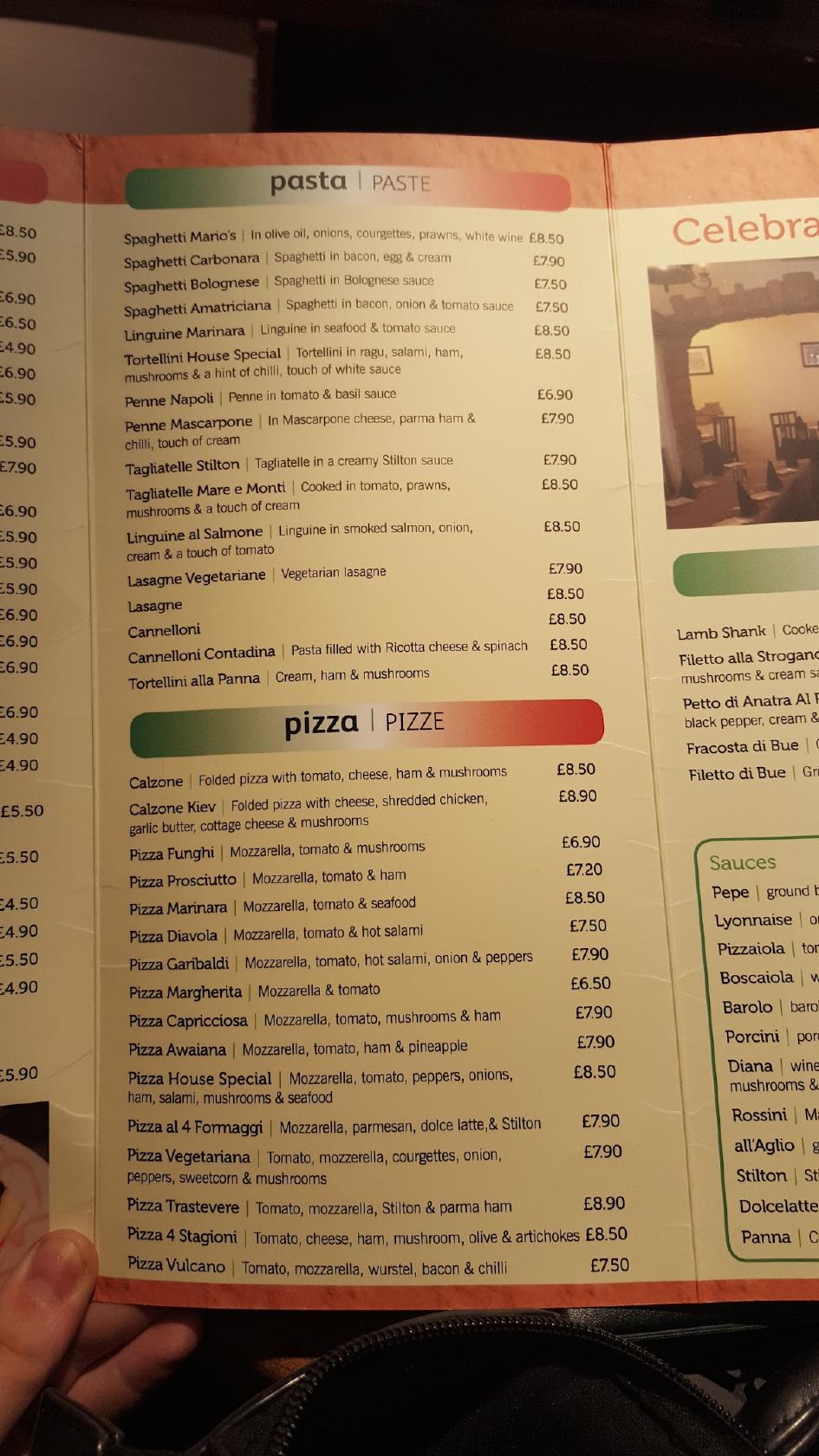 Menu at Mario’s pizzeria, Barnoldswick