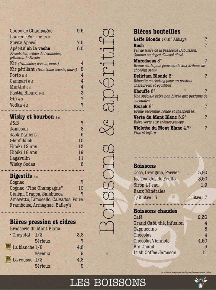 Menu au Oh La Vache Bistro Alpin restaurant, Tignes