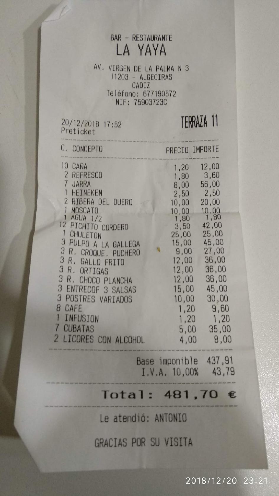 Carta de Restaurante El Tapeo de La Yaya, Algeciras