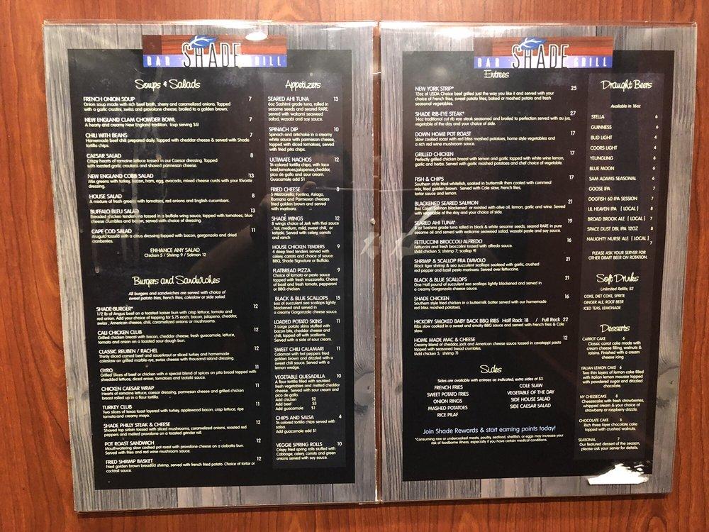 Menu at Shade Bar and Grill, Windsor Locks