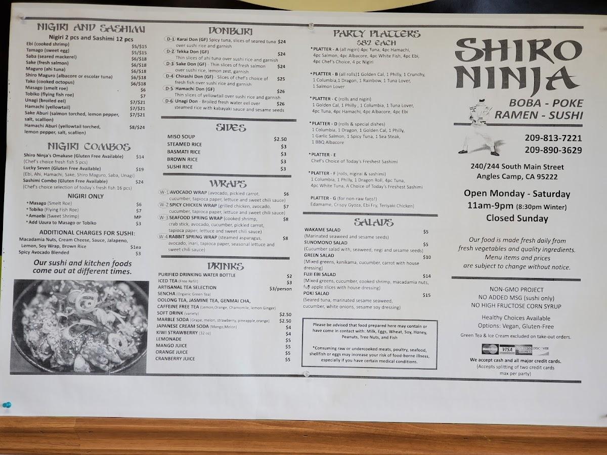 Menu at Shiro Ninja Boba - Poke - Ramen Bar, Angels Camp