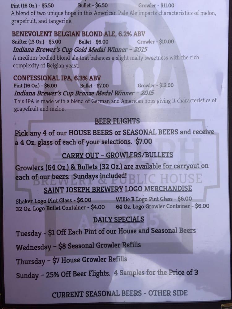 Menu at St. Joseph Brewery pub & bar, Indianapolis