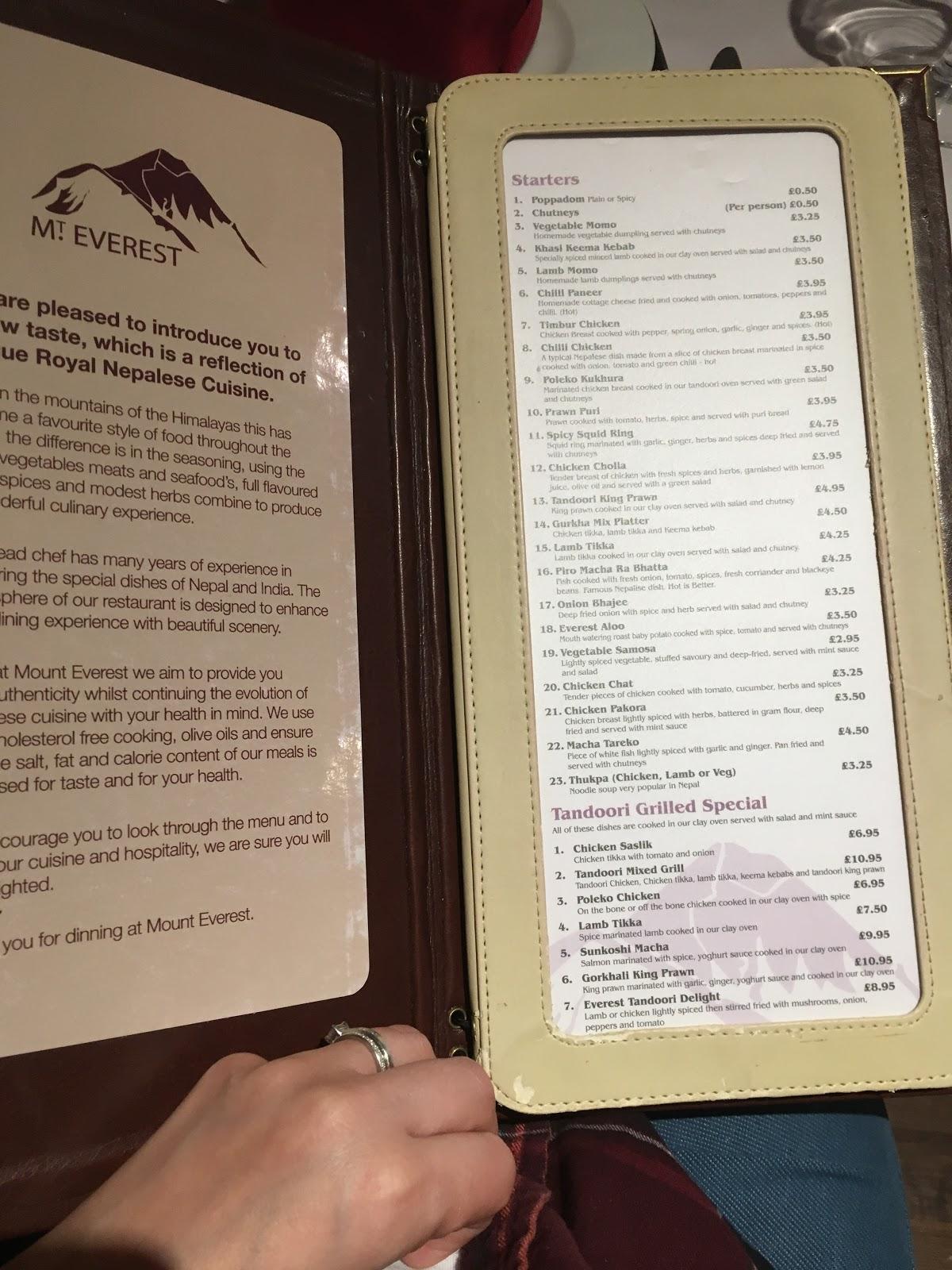 Menu at The Mount Everest Restaurant, Studley