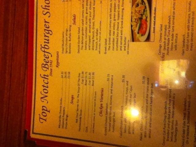 Menu at Top Notch Beefburgers restaurant, Chicago, W 95th St