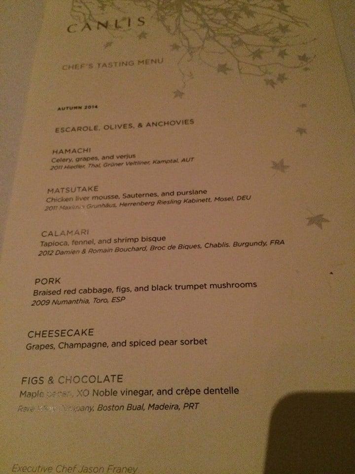 Menu at Canlis restaurant, Seattle