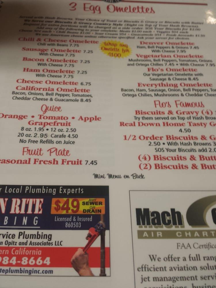 Menu at Flo's Airport Cafe, Chino