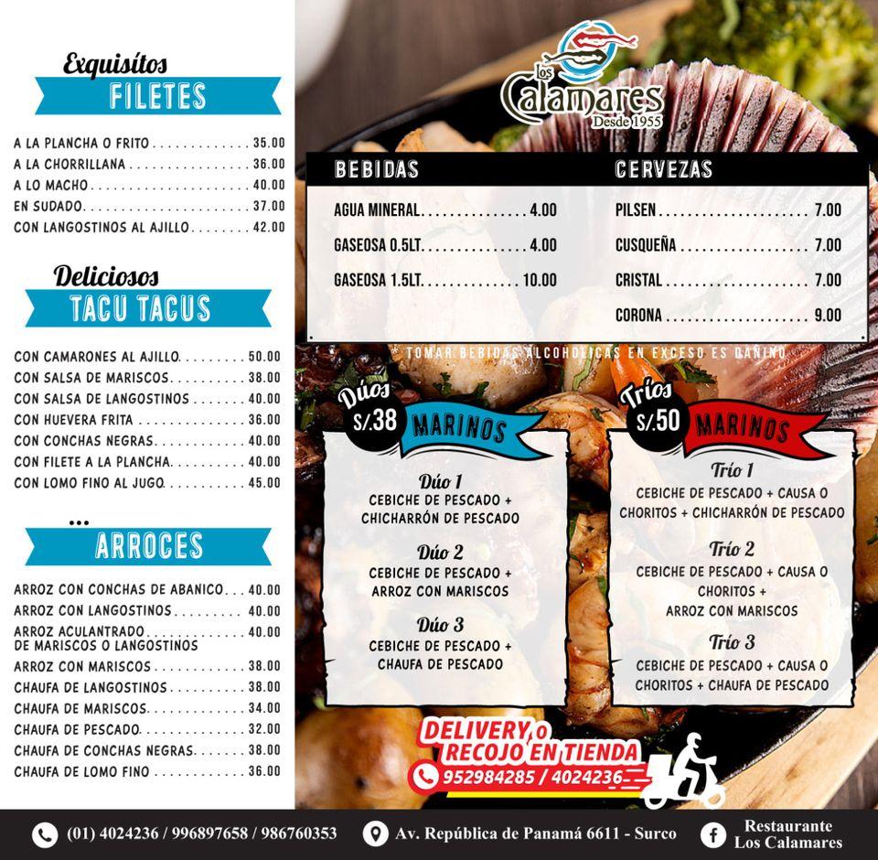 Carta del restaurante Los Calamares, Santiago del Surco
