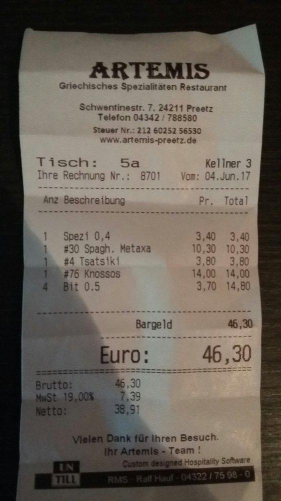 Speisekarte von Restaurant Artemis, Preetz