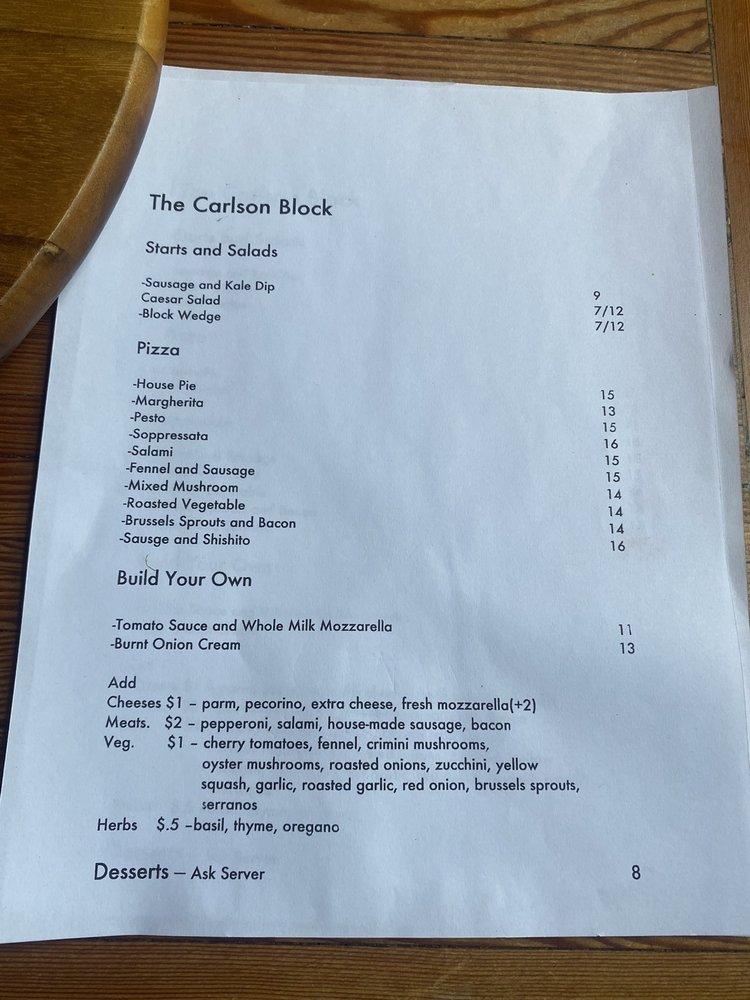 Menu at The Carlson Block pizzeria, Wilkeson