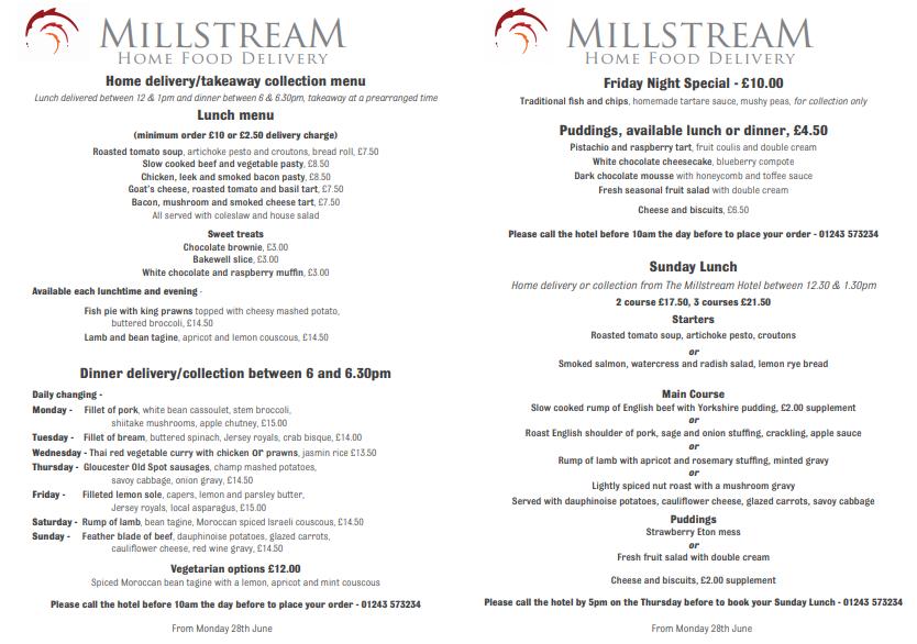 Menu at The Millstream Hotel & Sea School Restaurant, Chichester