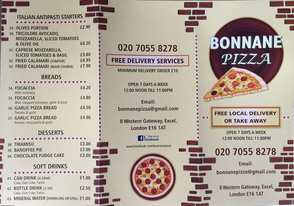 Menu at Bonnane Restaurant Pizzeria, London, Seagull Ln