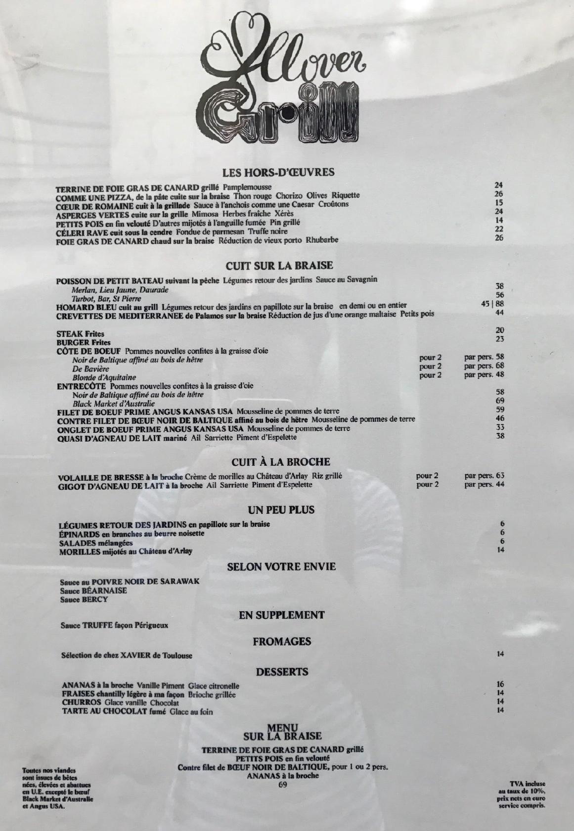 Menu at Clover Grill steakhouse, Paris