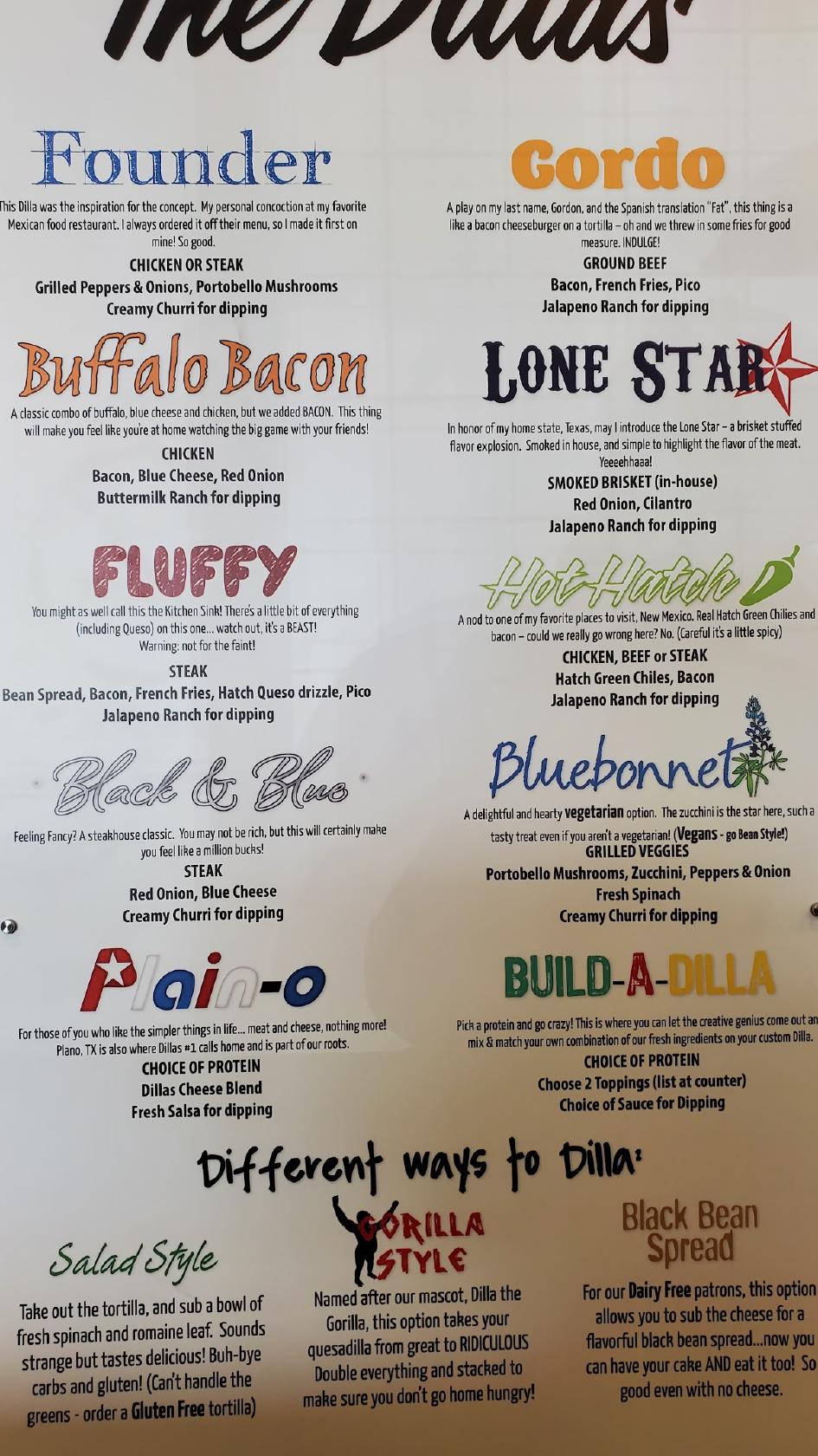 Menu at Dillas Quesadillas restaurant, Denton